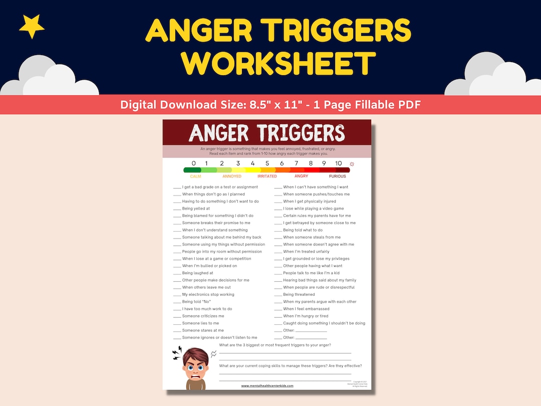 Anger Triggers Fillable Worksheet Teens Adolescents - Printable Therapy ...