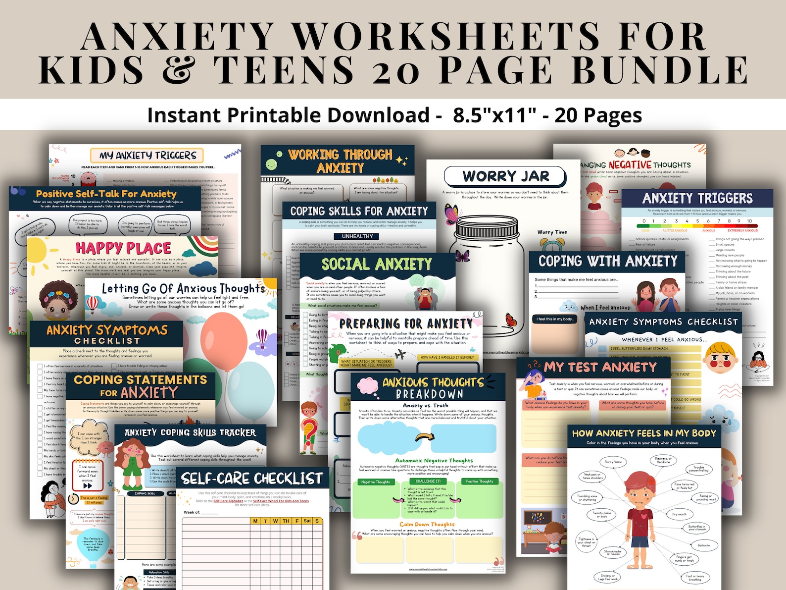 Anxiety Worksheets 20 Pg Printable Bundle for Kids & | Etsy