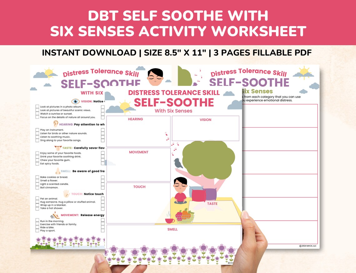 DBT Self-soothe With 6 Senses Worksheets 3-pages-distress Tolerance ...