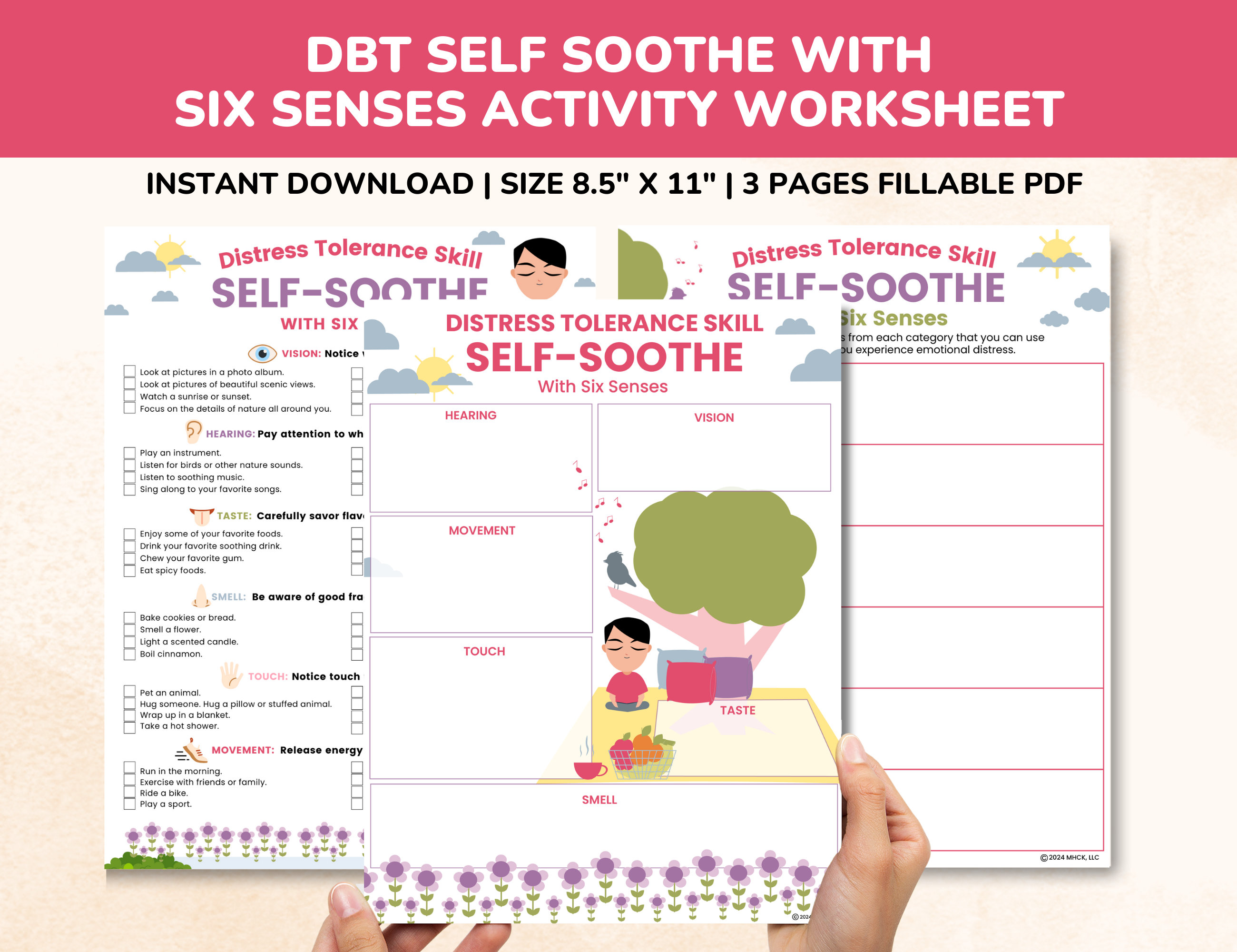 DBT Self-soothe With 6 Senses Worksheets 3-pages-distress Tolerance ...