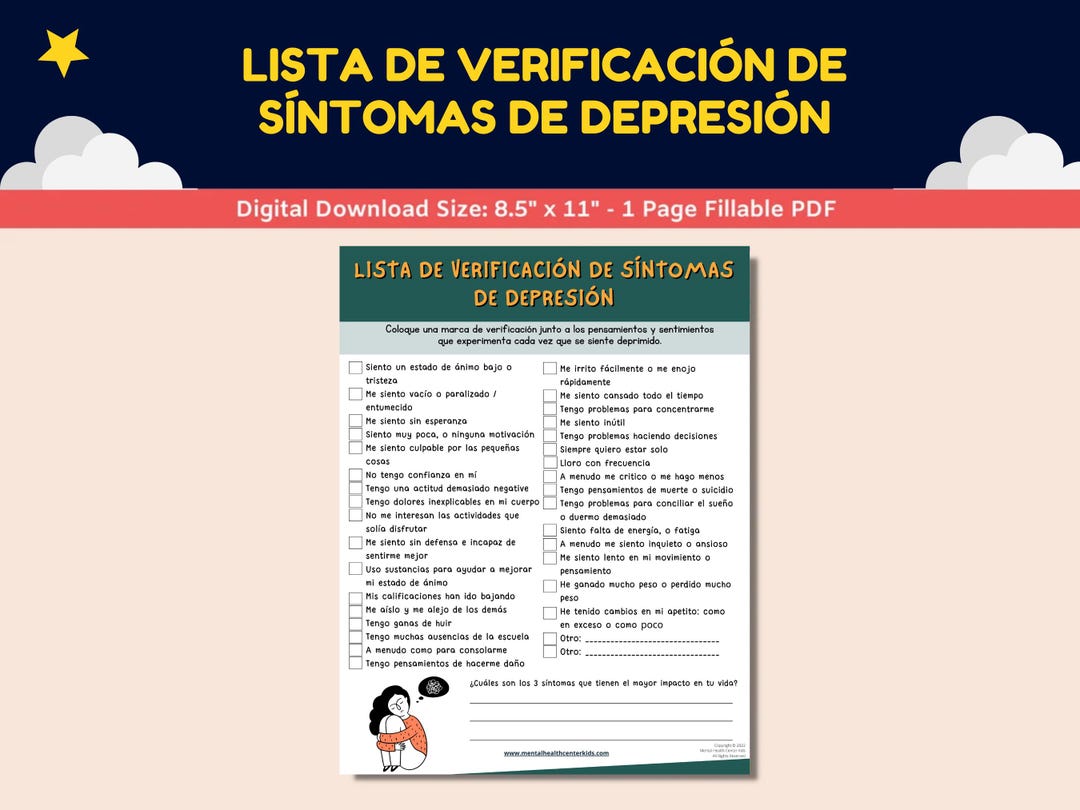 Spanish Depression Worksheet for Kids-teens - Lista De Verificacion De ...
