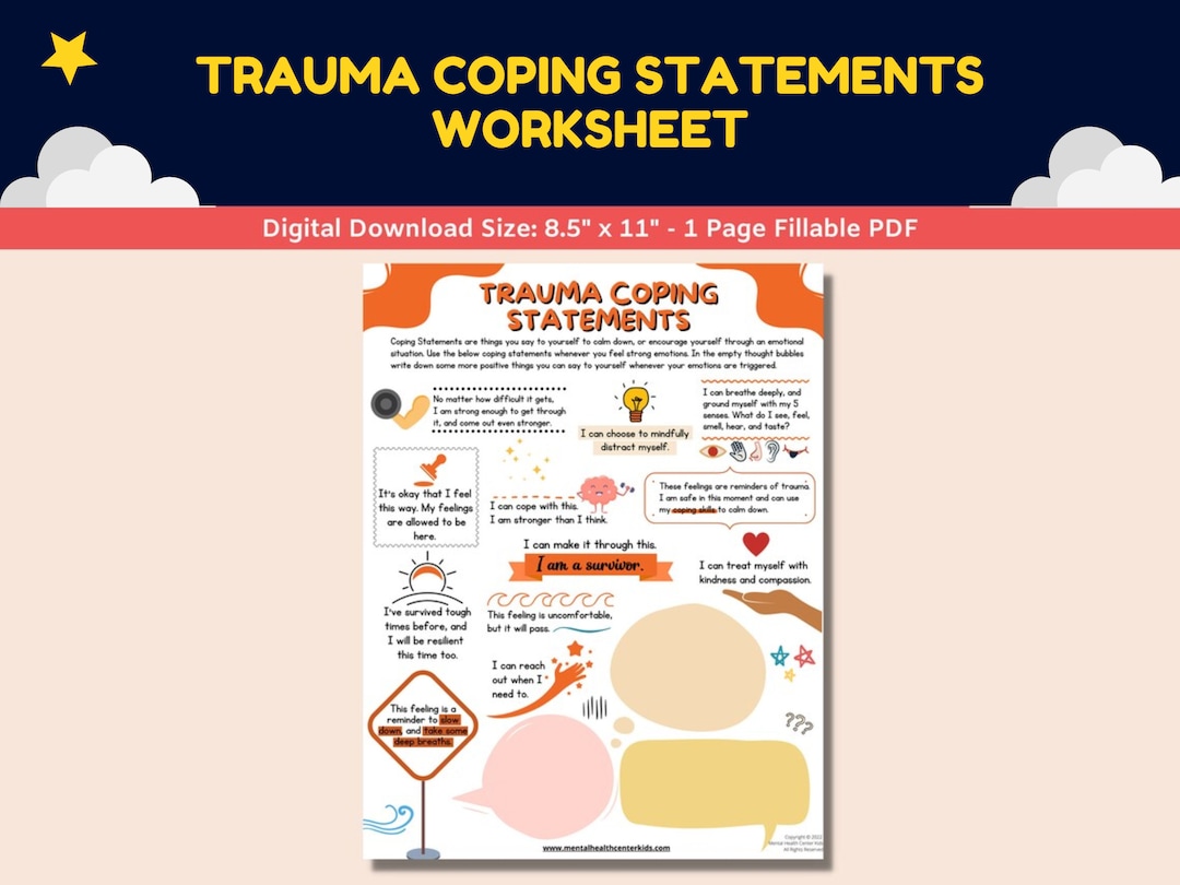 PTSD Trauma Coping Statements Worksheet Kids Teens Stress Relief CBT ...
