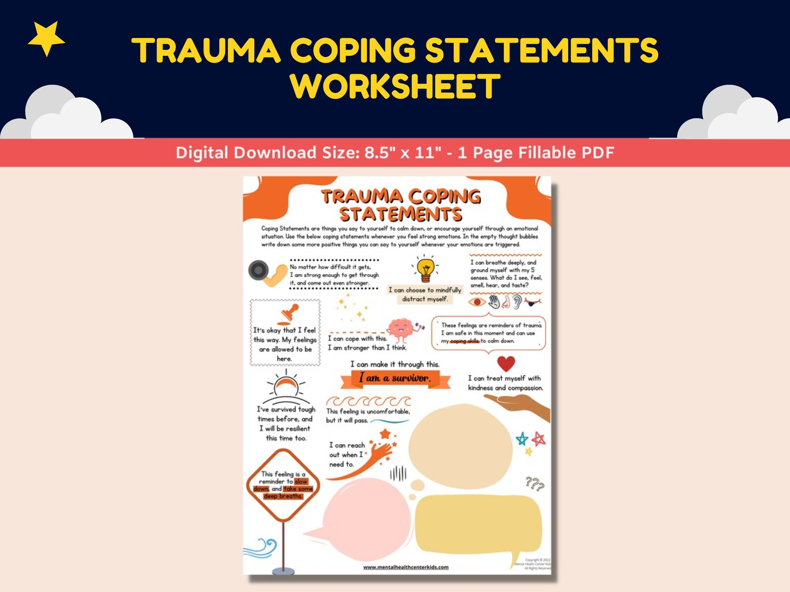 PTSD Trauma Coping Statements Worksheet Kids Teens Stress Relief CBT ...