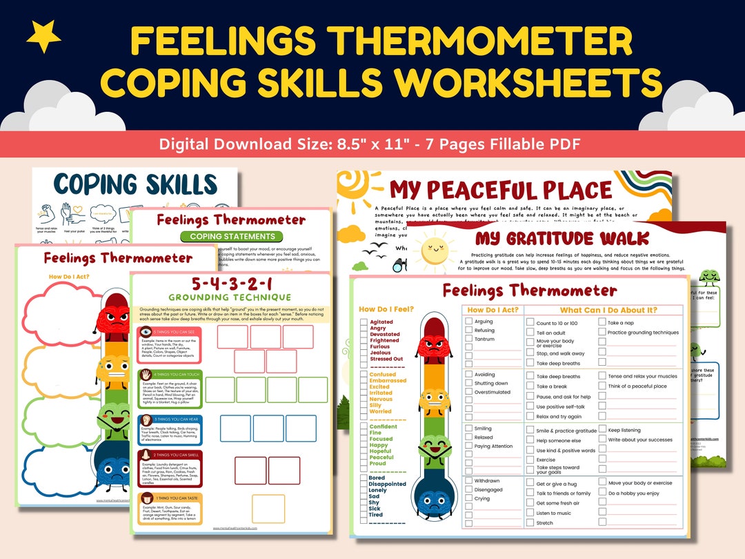 Feelings Thermometer Emotions Chart 7 Page Printable Coping - Etsy