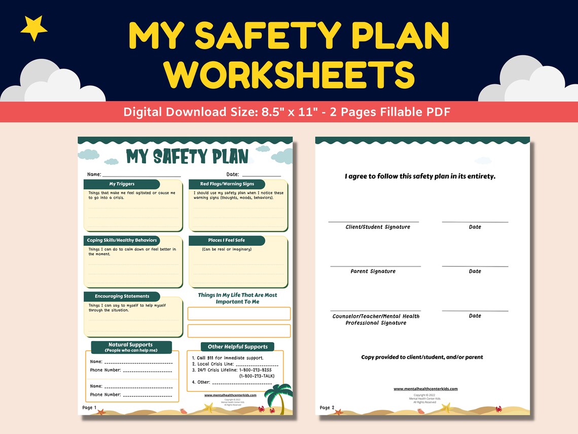 Safety Plan for Kids Teens Printable Crisis Plan Worksheet Mental ...