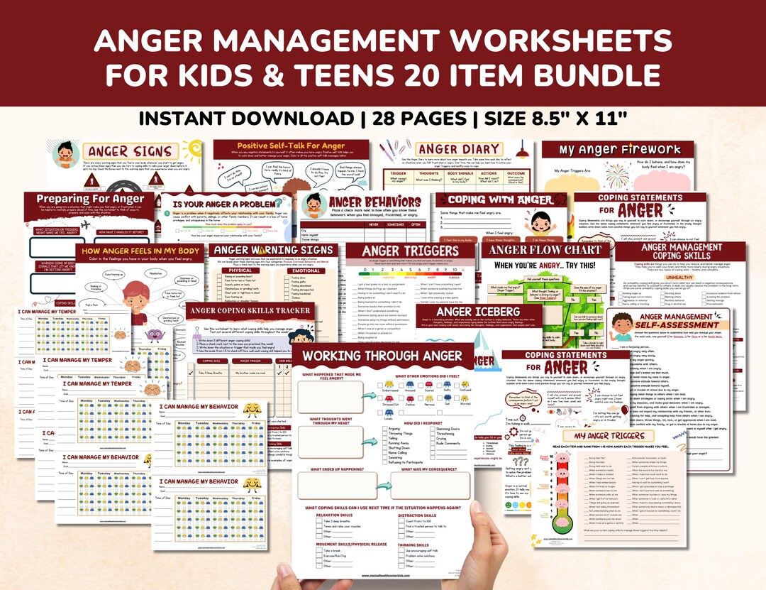 Anger Management Worksheets 20 Item Printable Bundle for Kids & Teens ...