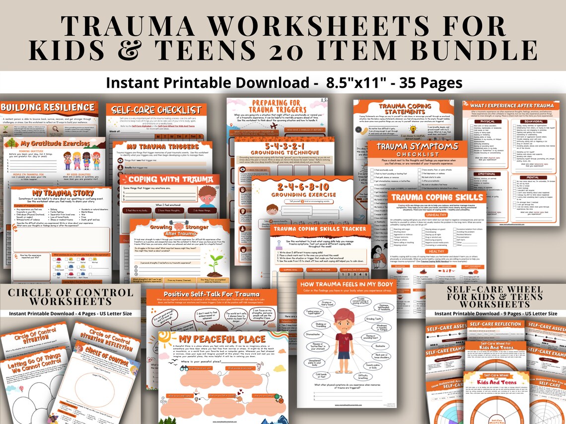 Trauma PTSD Worksheets 20 Item Printable Bundle for Kids & - Etsy
