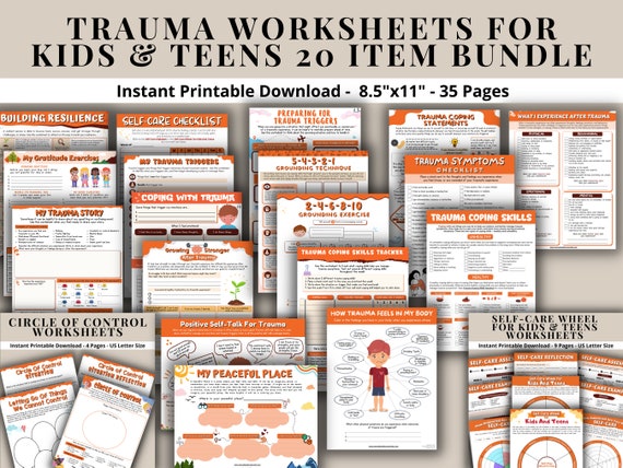 Trauma PTSD Worksheets 20 Item Printable Bundle for Kids & - Etsy