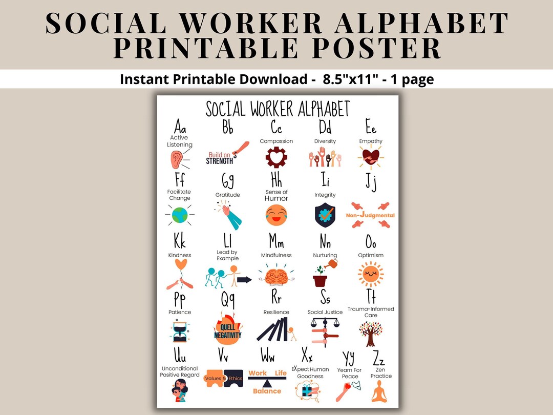 Social Worker Alphabet Social Work Gift Printable Poster ABC - Etsy