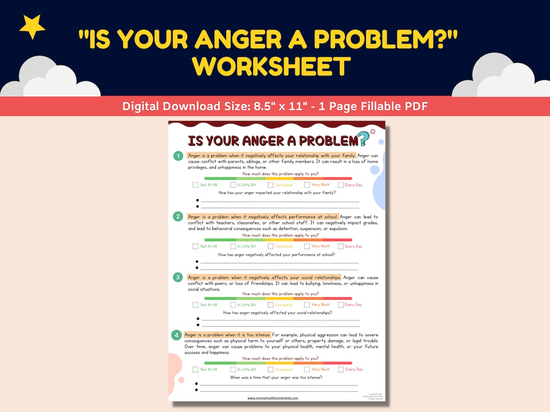 Anger Management Worksheet Kids Teens Children Adolescents - Fillable ...