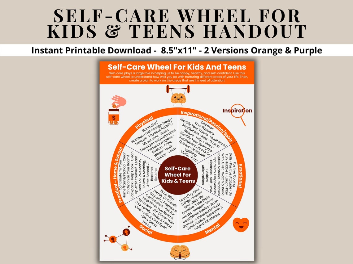 Self Care Wheel for Kids Teens Printable Poster - Trauma Self-esteem ...