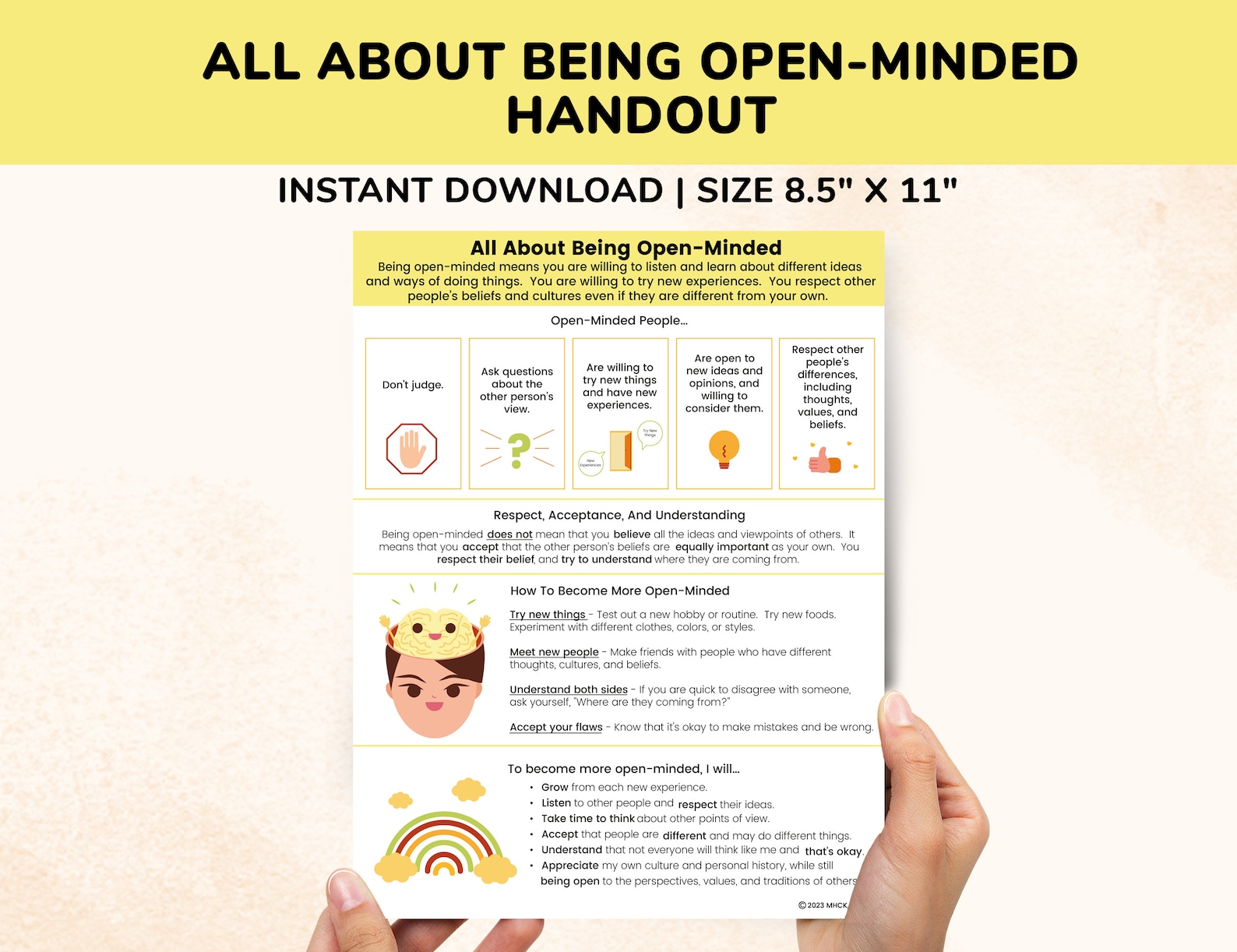 Open-minded Thinking Printable Character Education Kids Teens Handout ...