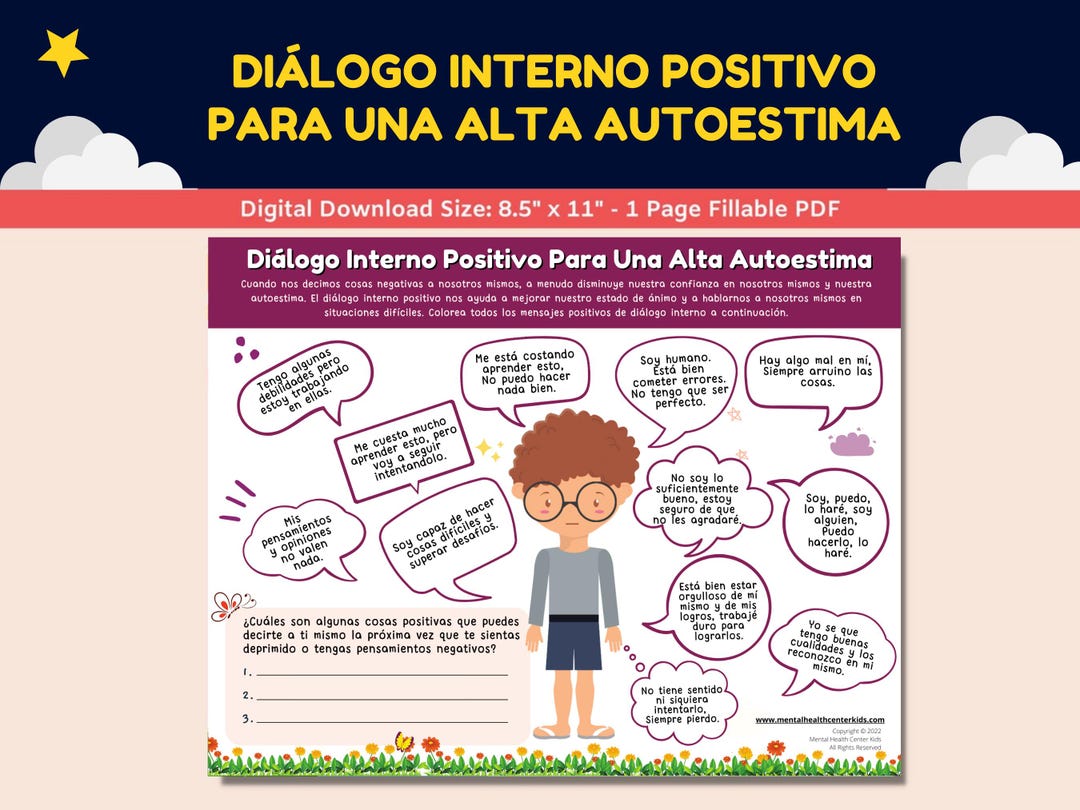 Spanish Self-esteem Worksheet for Kids-teens - Diálogo Interno Positivo ...