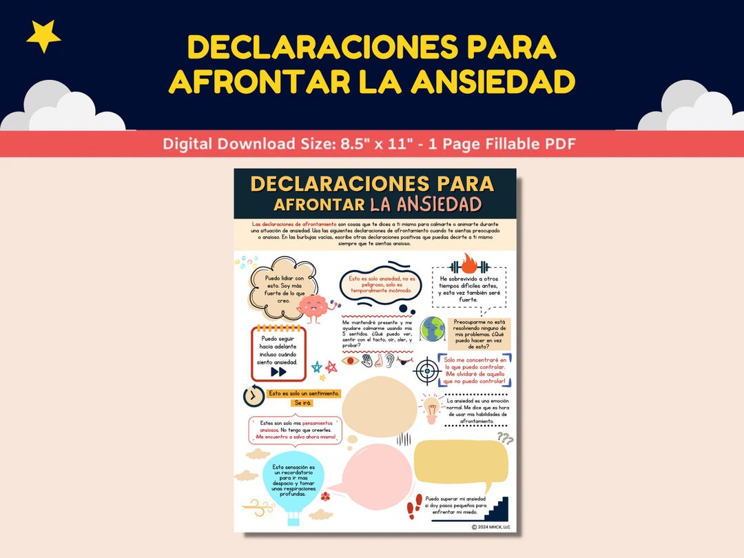 Spanish Anxiety Worksheet for Kids-teens - Declaraciones Para Afrontar ...