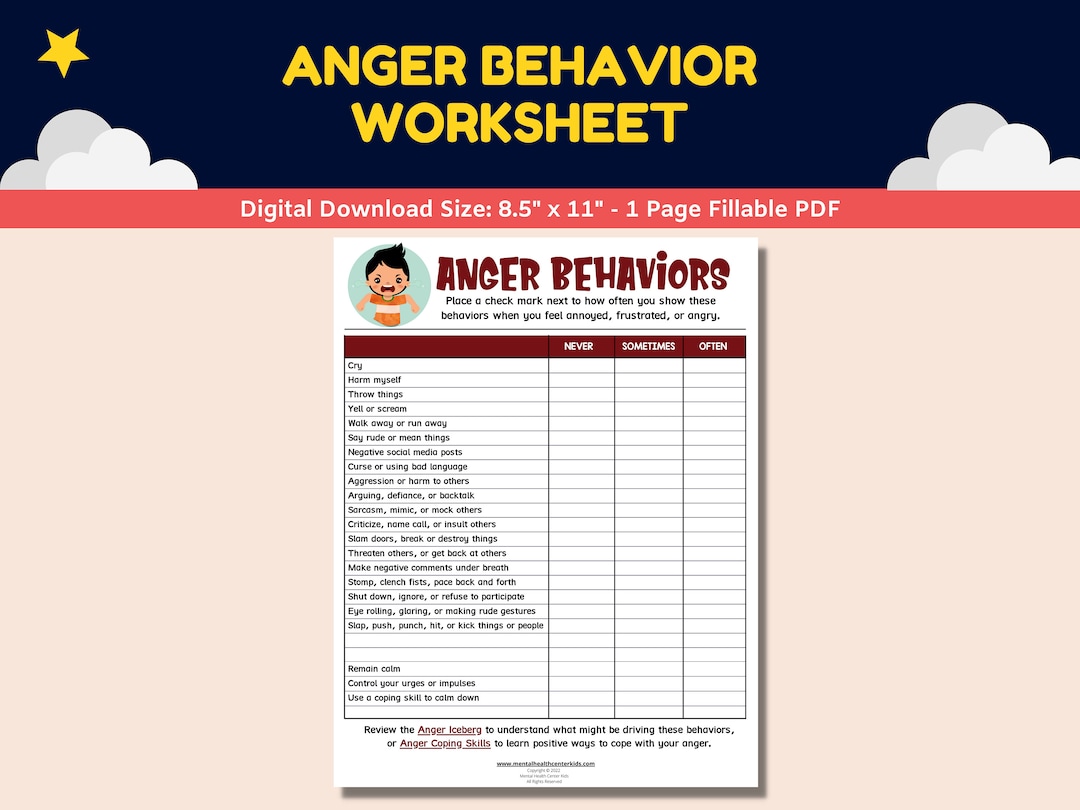 Anger Behaviors Worksheet Kids Teens Adolescents-anger Management ...