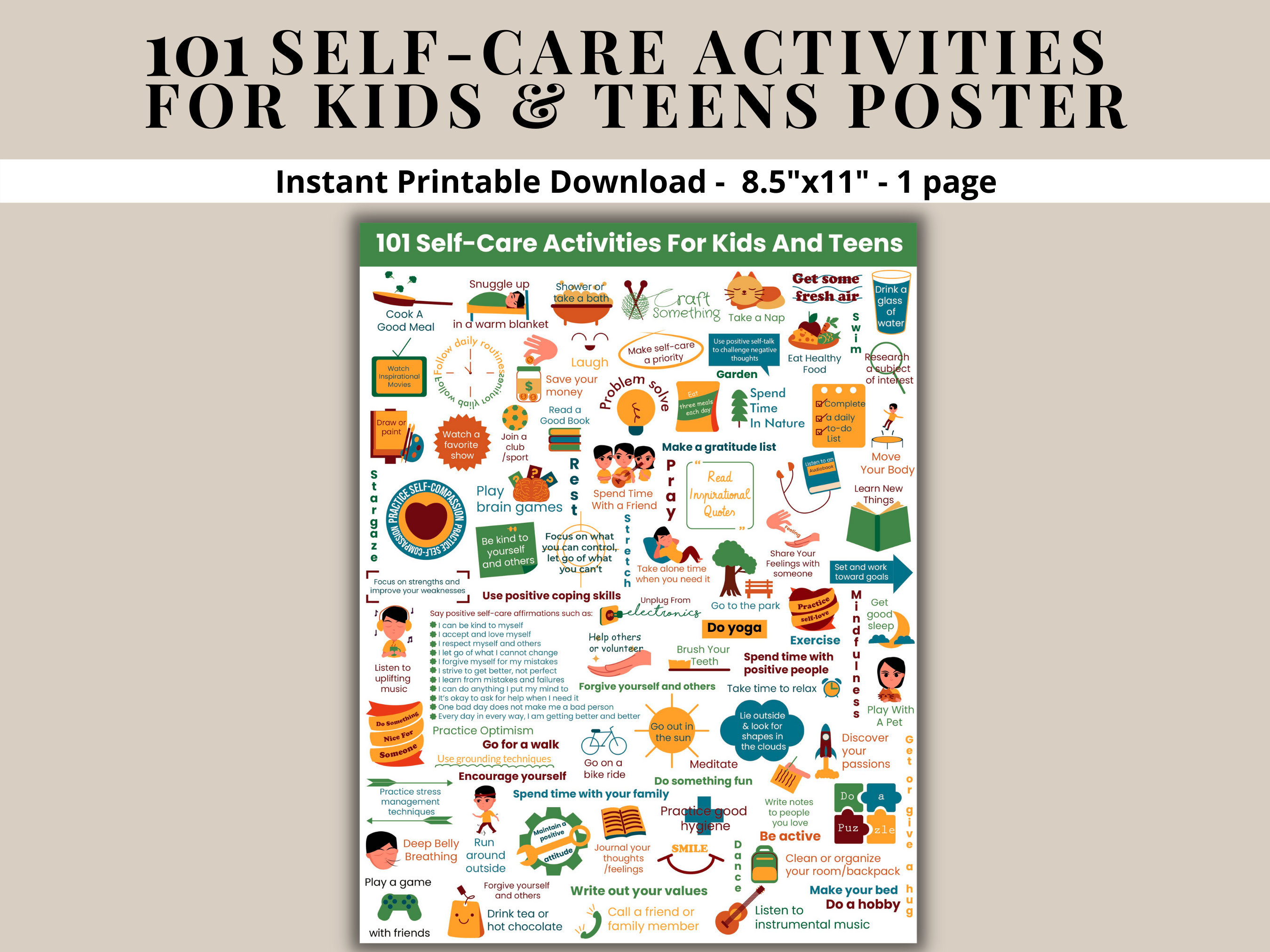 101 Self-Care Activities For Kids & Teens Printable Poster | Etsy