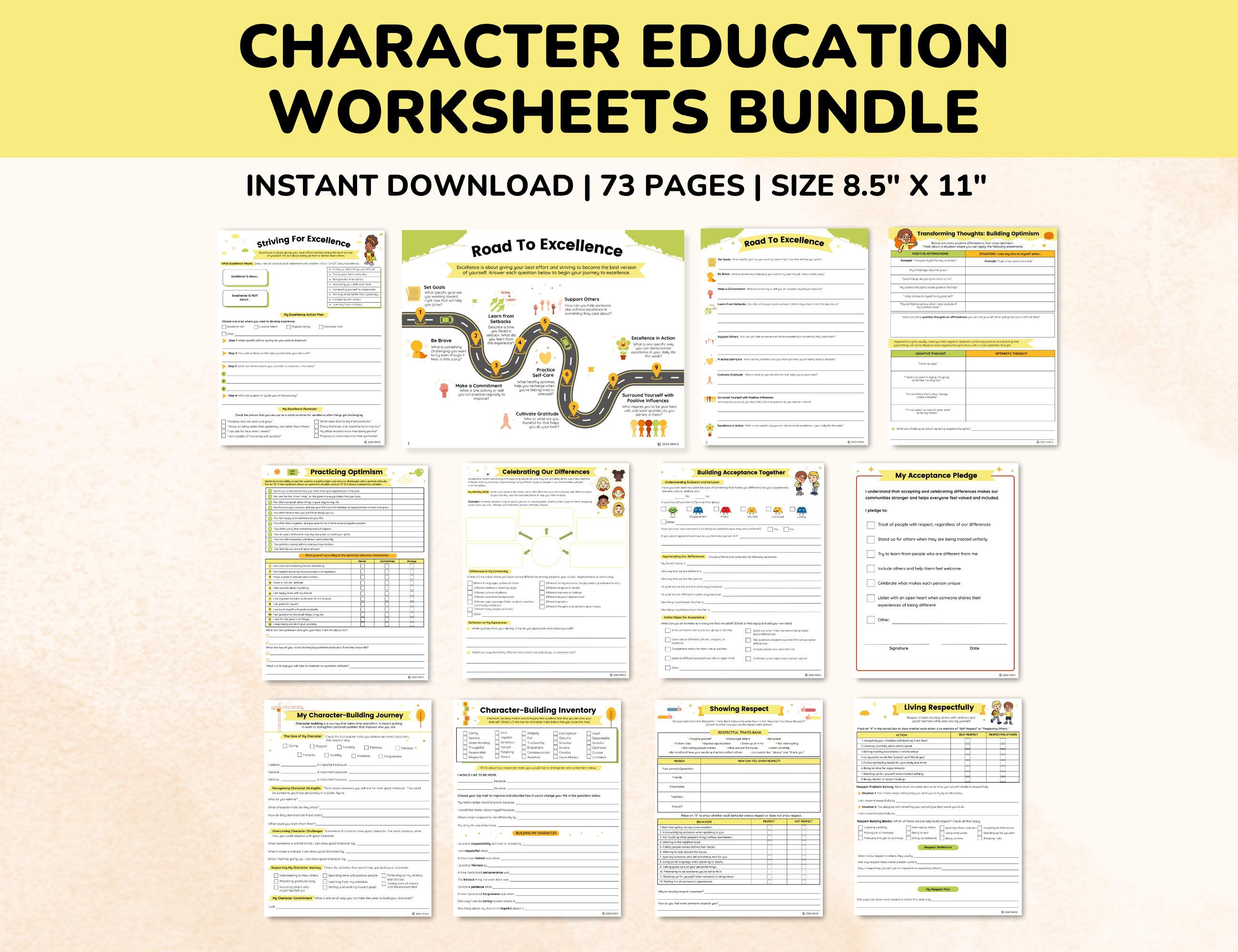 Character Education Worksheets Bundle for Kids-teens-students-73 Pages ...