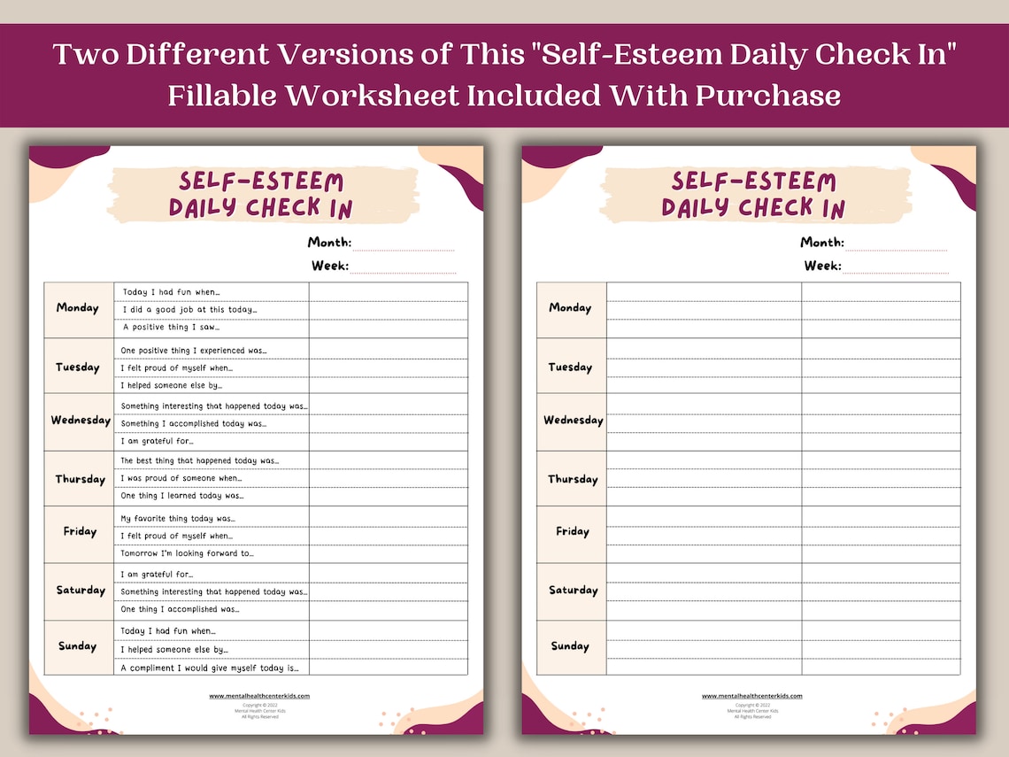 Self-esteem Daily Check in Printable Worksheet for Kids Teens | Etsy