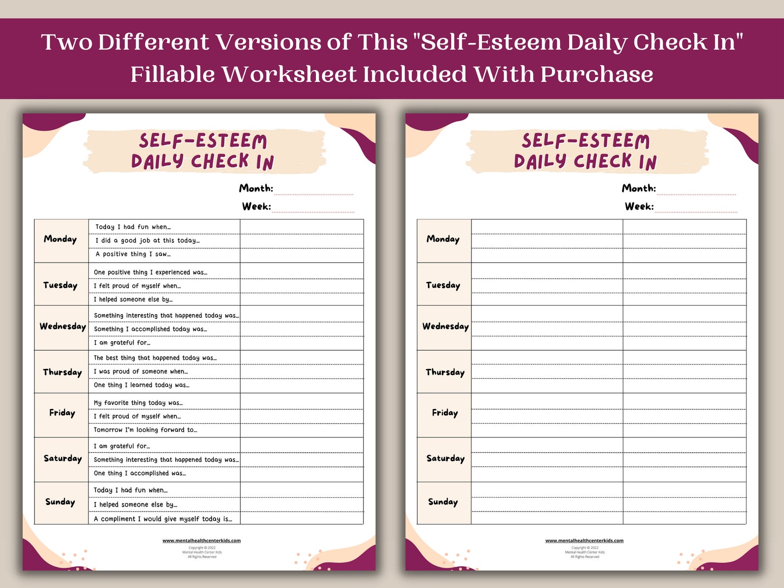Self-esteem Daily Check in Printable Worksheet for Kids Teens | Etsy