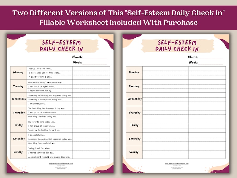Self-esteem Daily Check in Printable Worksheet for Kids Teens | Etsy