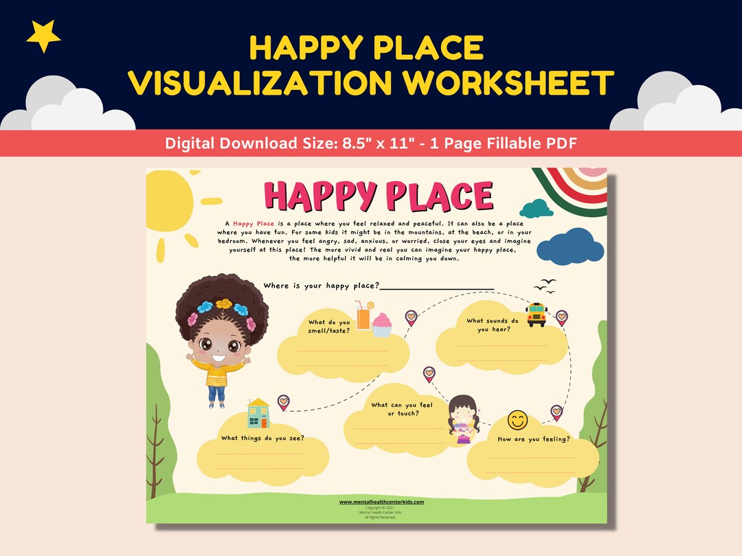 Happy Place Visualization Fillable Worksheet Kids - Mindfulness Anxiety ...
