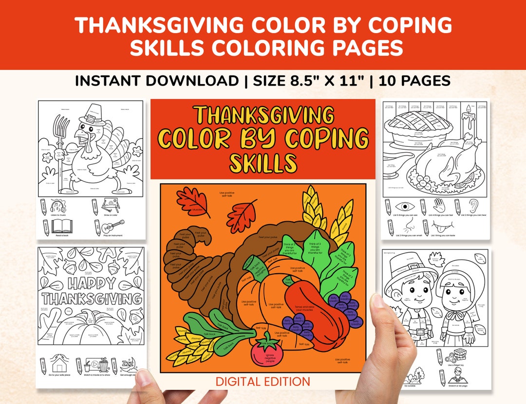 Thanksgiving Color by Coping Skills Coloring Pages Book Printable for ...
