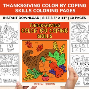 Thanksgiving Color by Coping Skills Coloring Pages Book Printable for ...