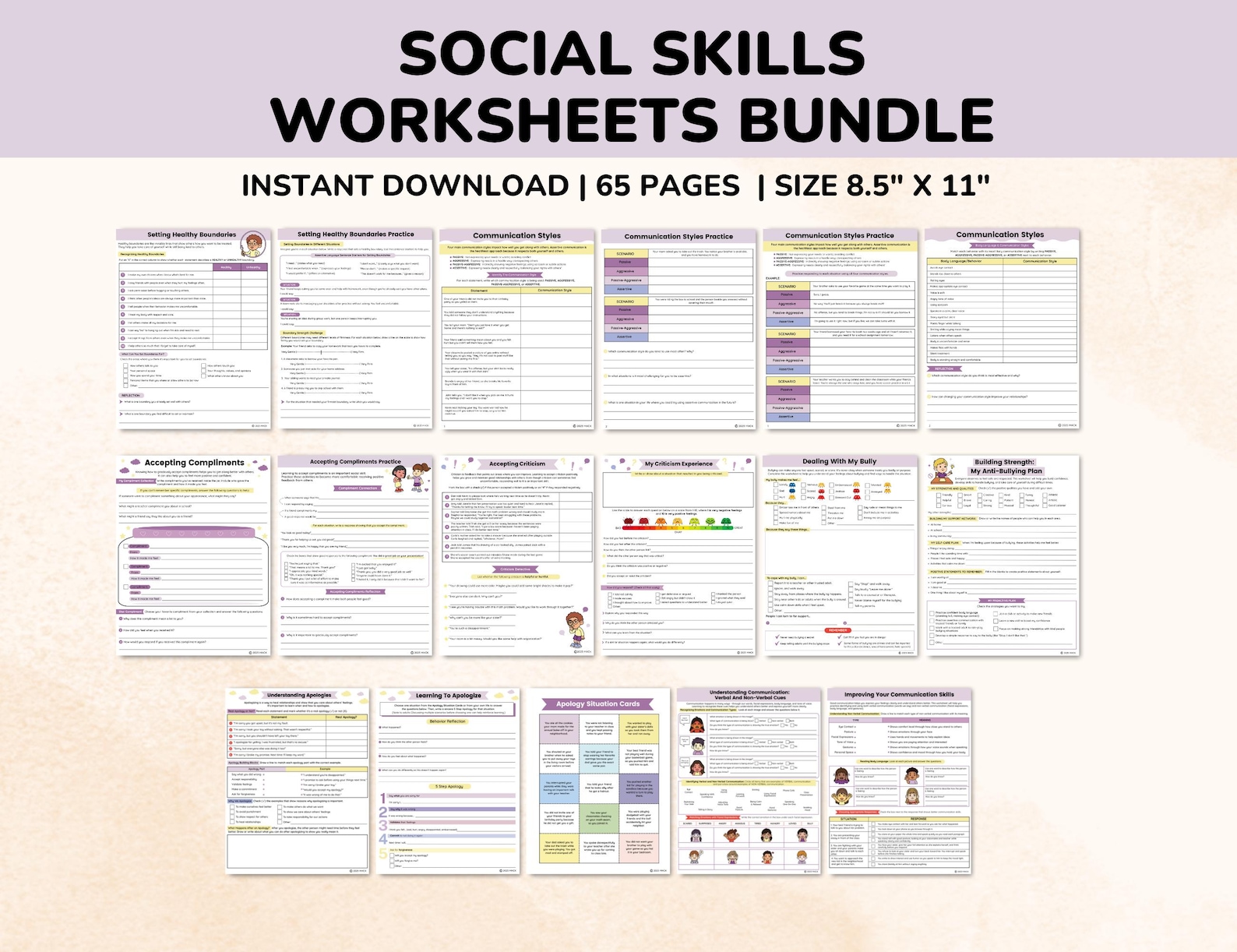 Social Skills Worksheets Bundle for Kids-teens-students-65 Pages ...