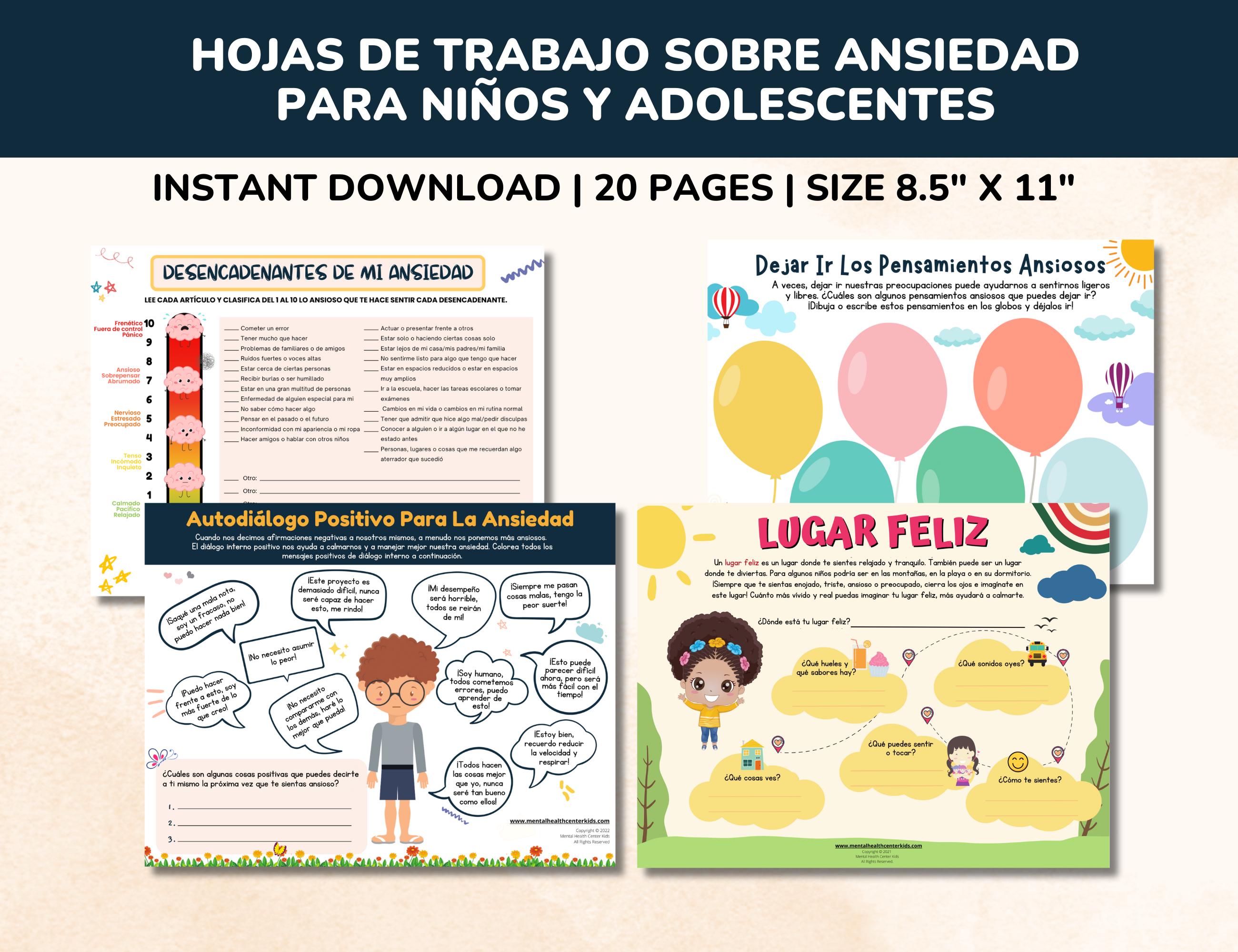 Spanish Anxiety Worksheets 20 Page Bundle for Kids-teens - Hojas De ...