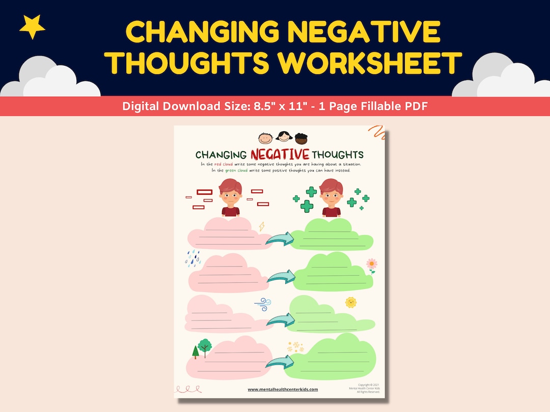 Changing Negative Thoughts CBT Skills Fillable Worksheet Kids Children ...