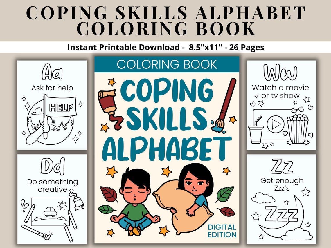 Coping Skills Alphabet Printable Coloring Pages Book Kids - Etsy