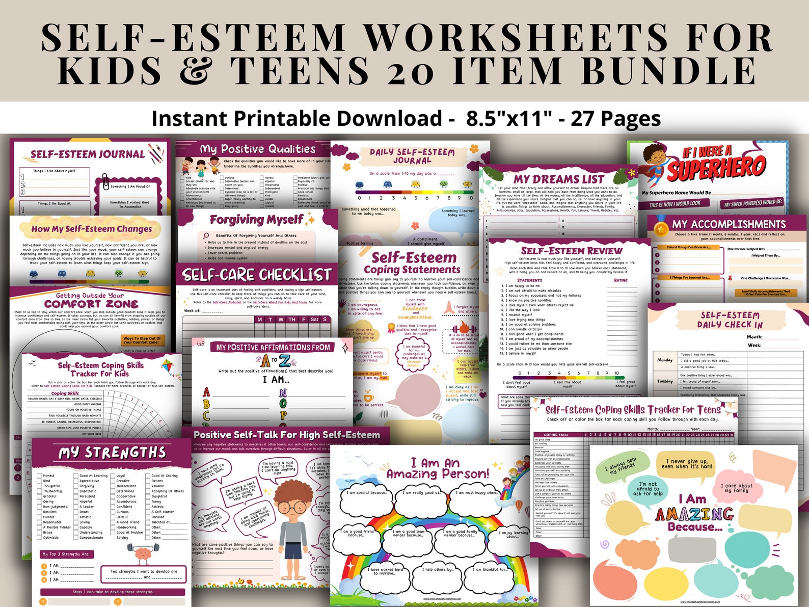 Self-esteem Worksheets 20 Item Printable Bundle for Kids & | Etsy