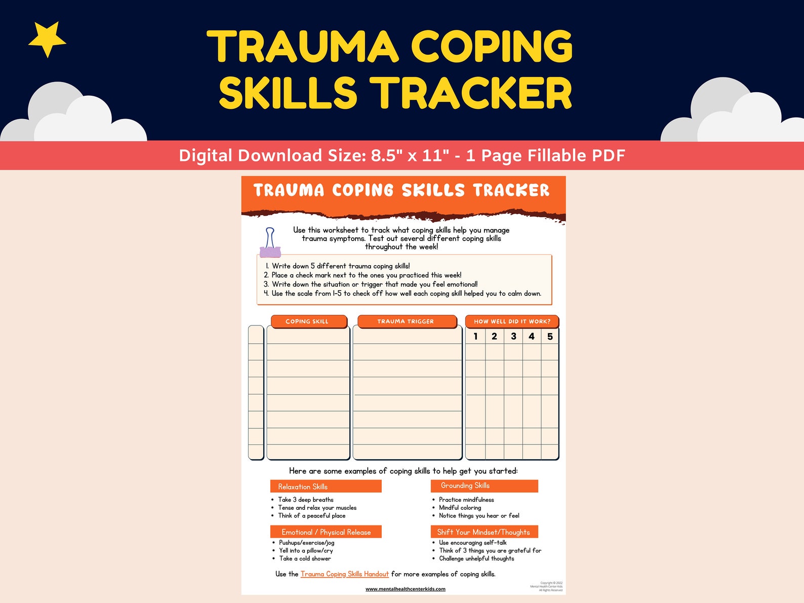 Trauma Coping Skills Tracker Fillable Worksheet Kids Teens - Etsy