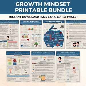 Growth Mindset Printable Poster Bundle for Kids-teens-15 Pages-teacher ...