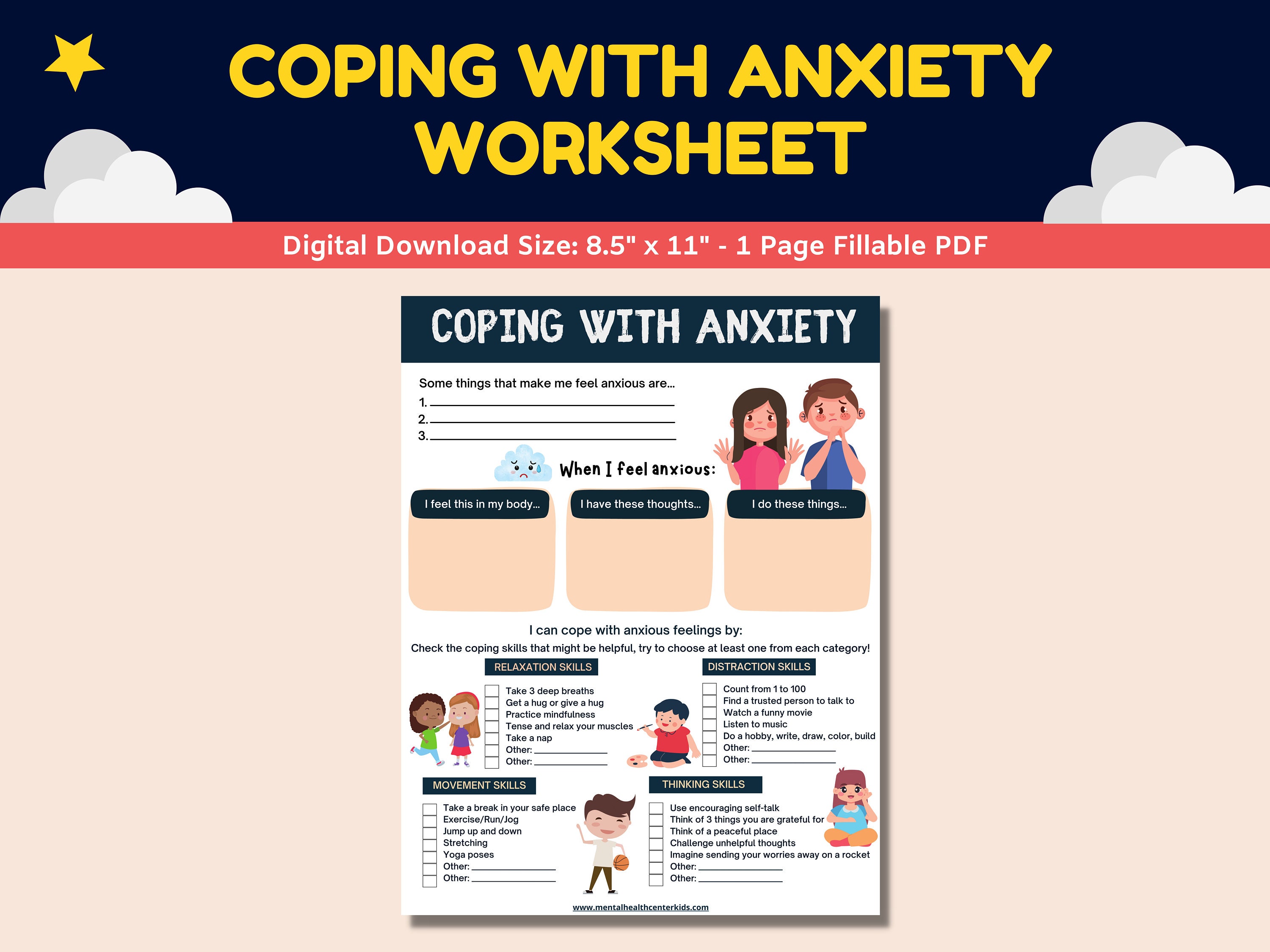 Anxiety Coping Skills Fillable Worksheet Kids Children - Printable ...
