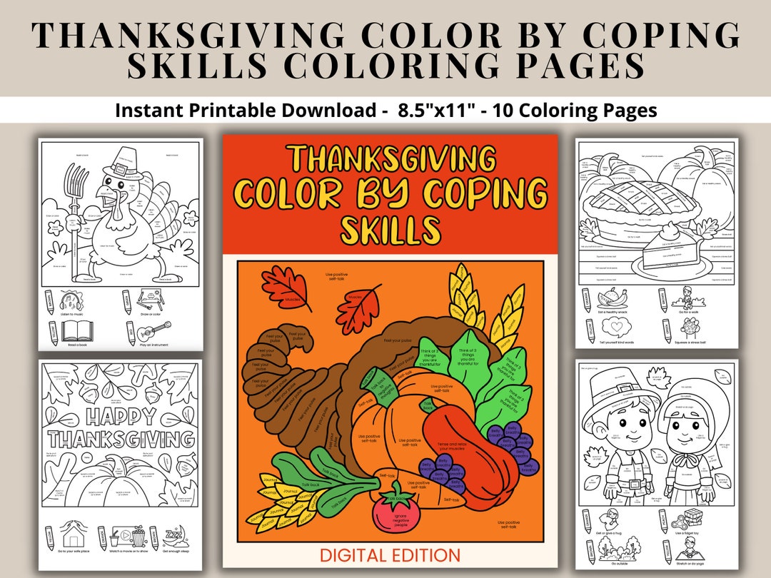 Thanksgiving Color by Coping Skills Coloring Pages Book - Etsy