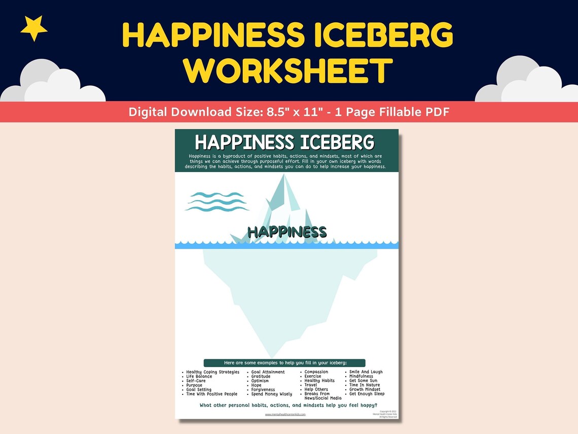 Happiness Iceberg Mental Health Fillable Worksheet Depression - Etsy