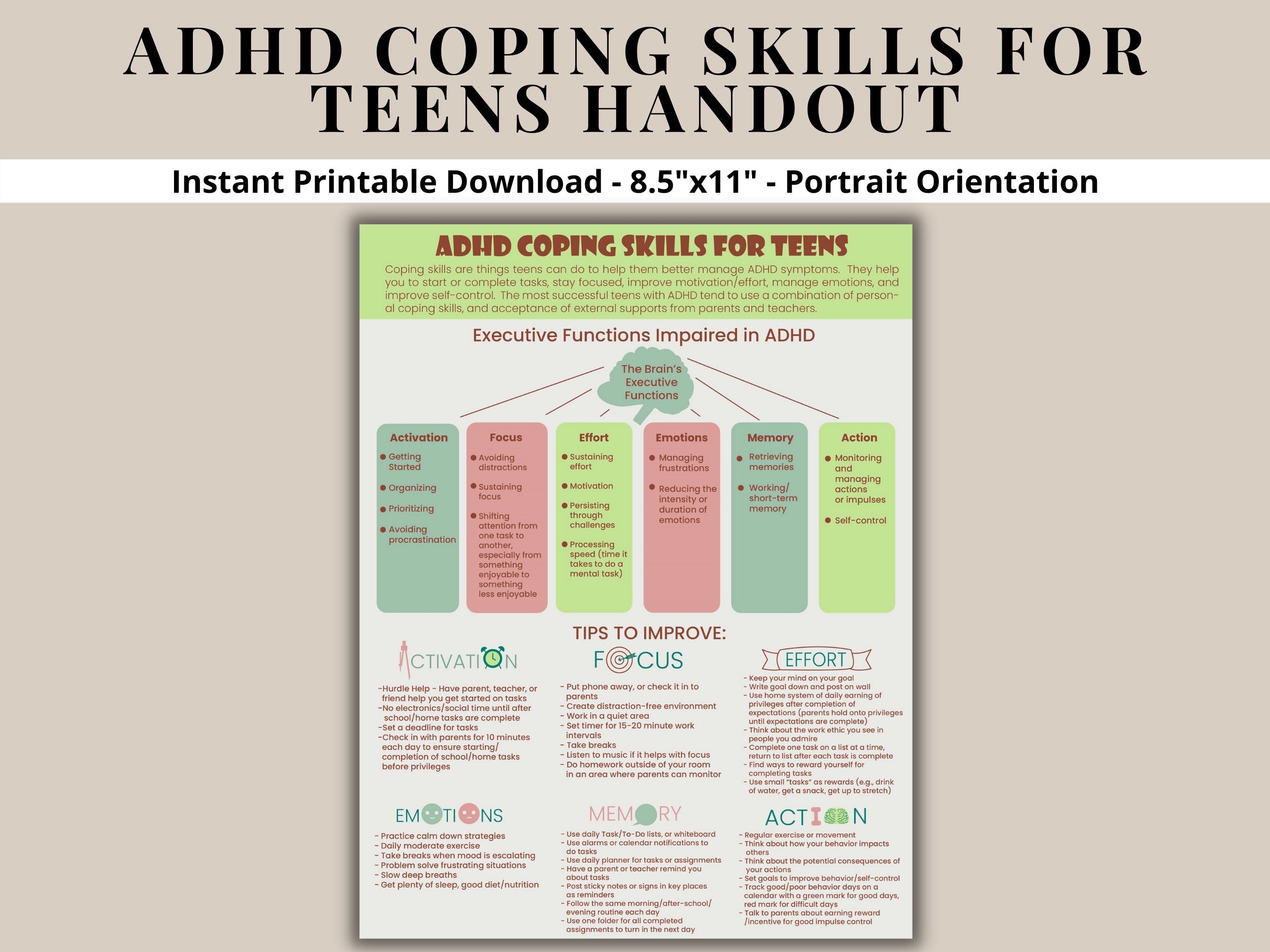 ADHD Coping Skills Printable Handout Poster for Teens | Etsy