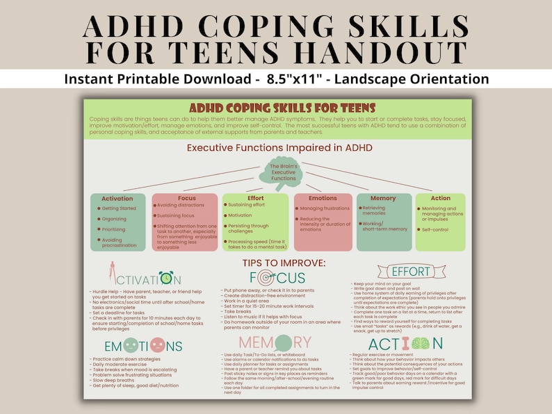 ADHD Coping Skills Printable Handout Poster for Teens - Executive ...
