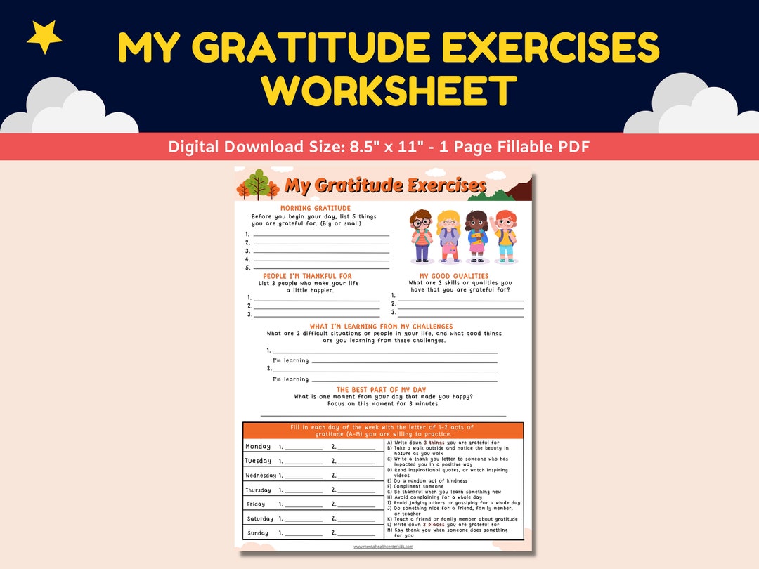 Gratitude Worksheet Kids Tween Printable Child Therapy Mental Health ...