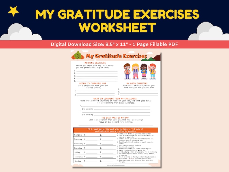 Gratitude Worksheet Kids Tween Printable Child Therapy Mental Health ...