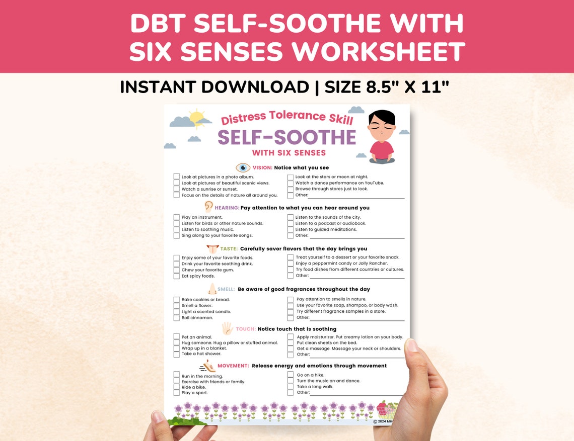 DBT Self-soothe With 6 Senses Worksheets 3-pages-distress Tolerance ...