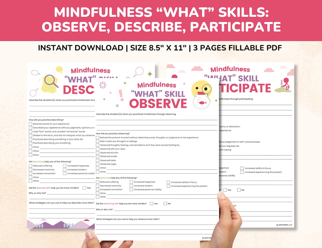 DBT Mindfulness WHAT Skills Worksheets 3-pages-observe-describe ...