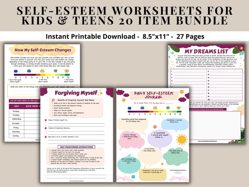 Self-esteem Worksheets 20 Item Printable Bundle for Kids & | Etsy