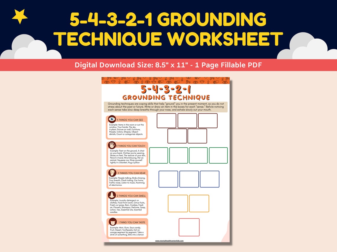54321 Grounding Technique Worksheet Kids Teens Young Adults 5 Senses ...
