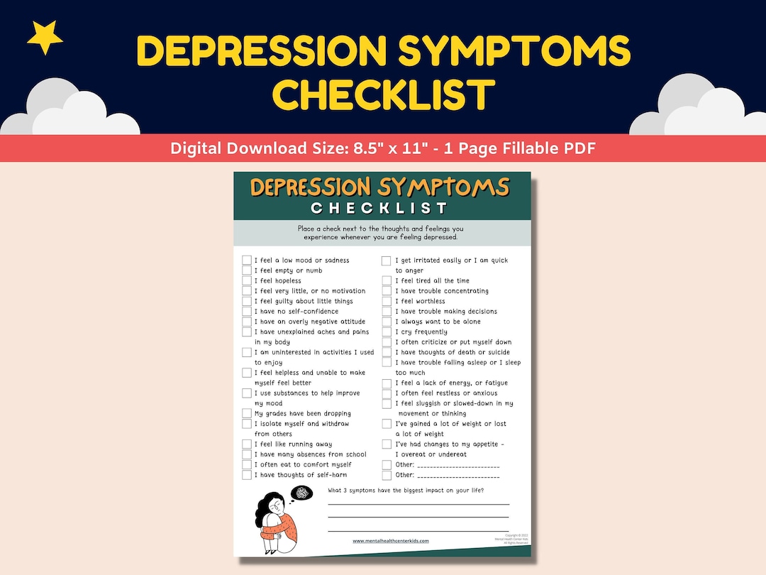 Depression Symptoms Checklist Worksheet for Kids - Etsy