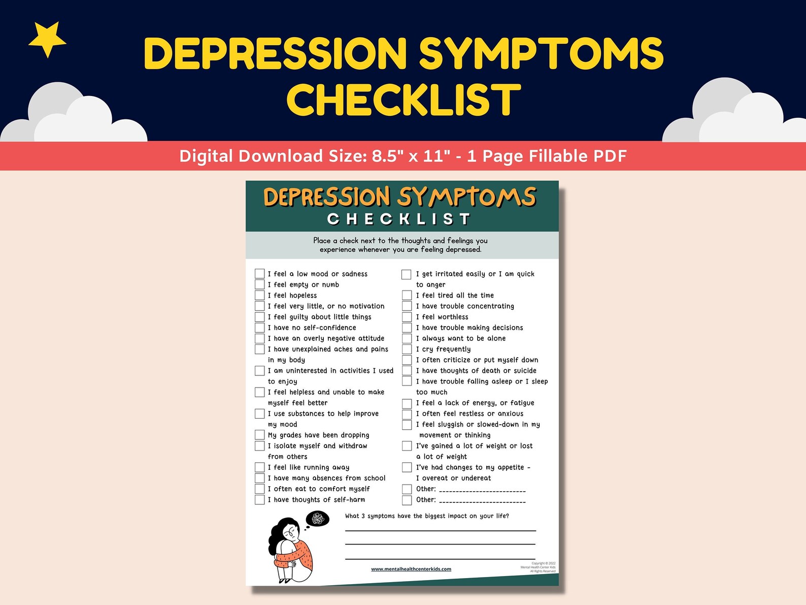 Depression Symptoms Checklist Worksheet for Kids - Etsy