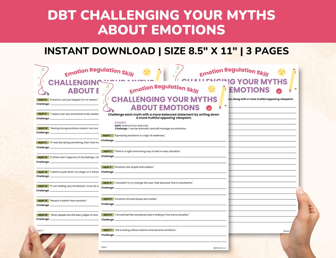 DBT Myths About Emotions Worksheets 5-pages-emotion Regulation Skills ...