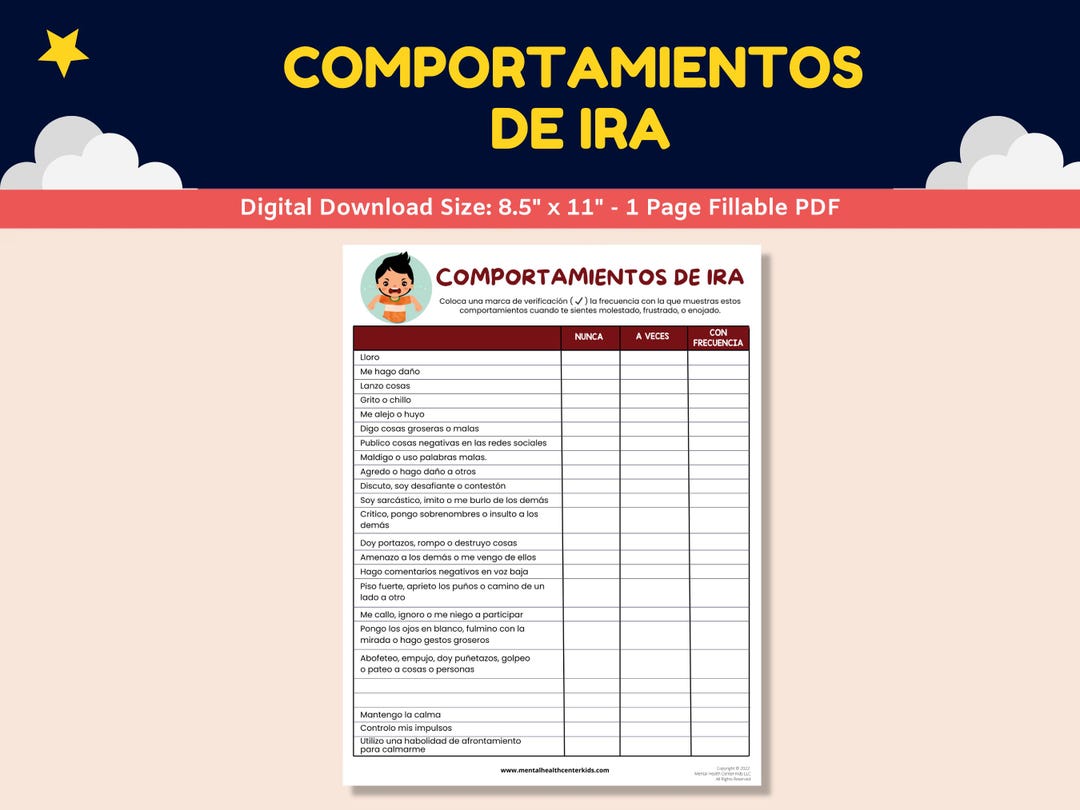 Spanish Anger Management Worksheet for Kids-teens - Comportamientos De ...