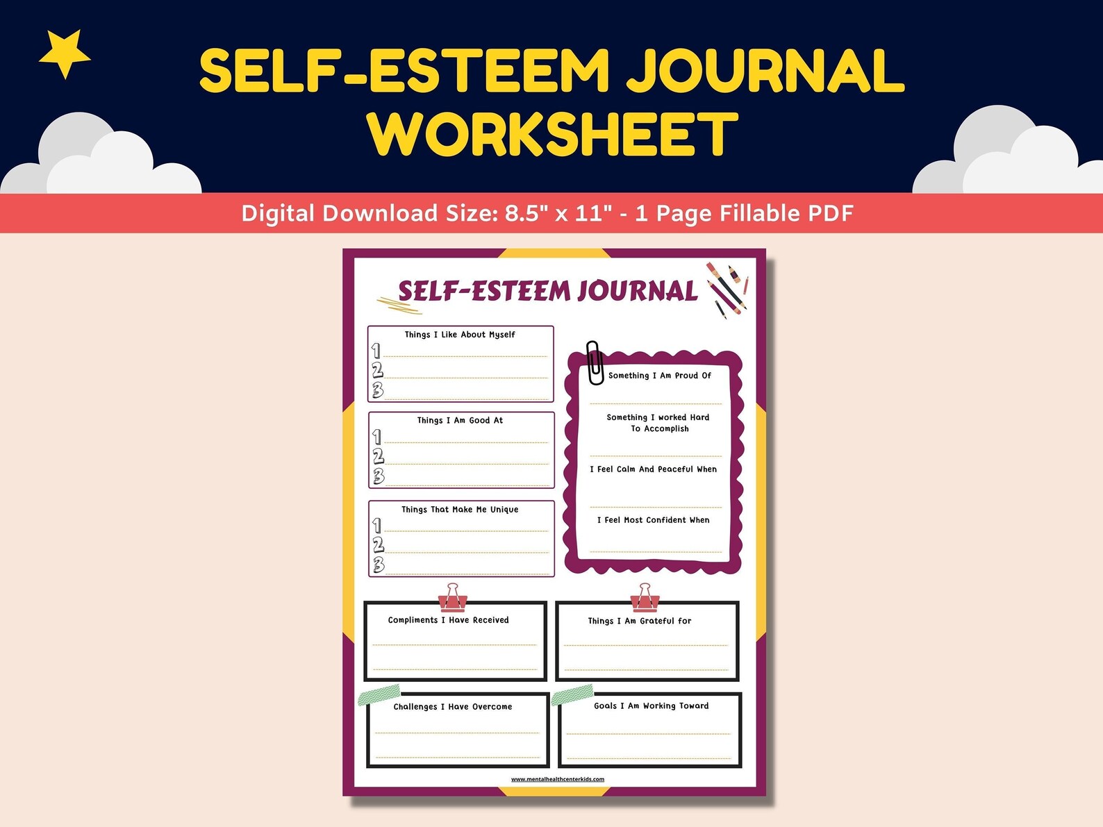 Self-esteem Journal Printable Worksheet Child Therapy | Etsy